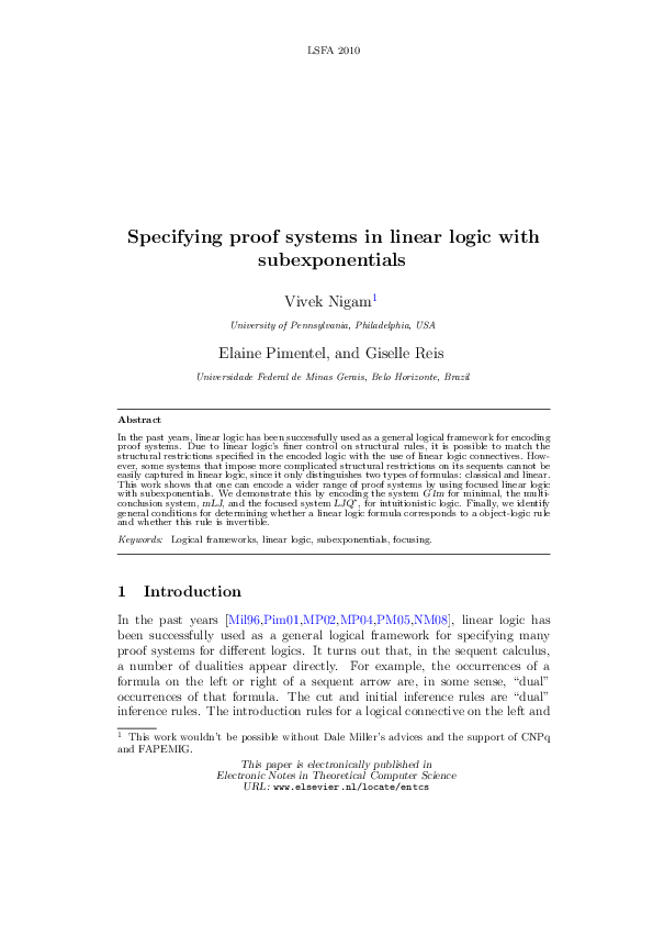 (PDF) Specifying Proof Systems In Linear Logic With Subexponentials