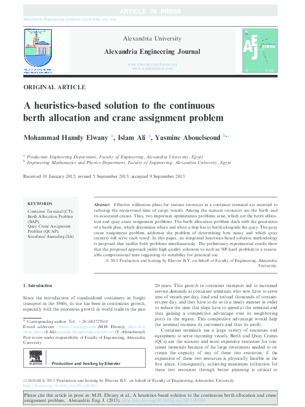 (PDF) A heuristics-based solution to the continuous berth allocation ...