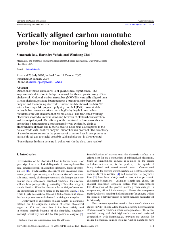 (PDF) Vertically Aligned Carbon Nanotube Probes for Monitoring Blood Cholesterol