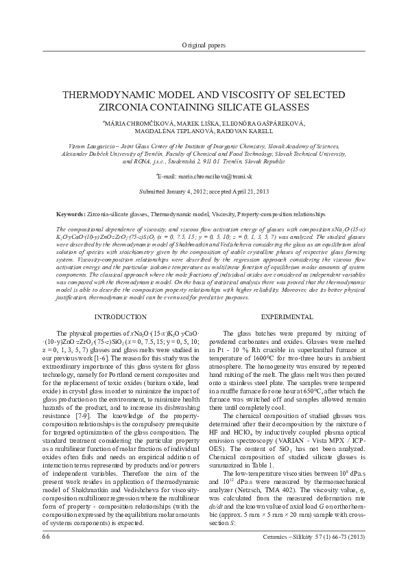(PDF) THERMODYNAMIC MODEL AND VISCOSITY OF SELECTED ZIRCONIA CONTAINING SILICATE GLASSES