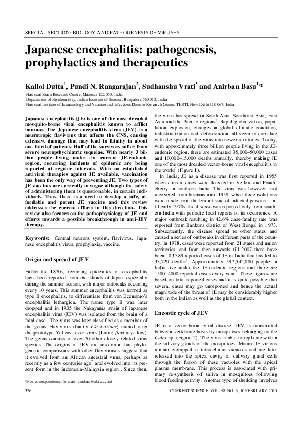 (PDF) Japanese Encephalitis: Pathogenesis, Prophylactics and Therapeutics