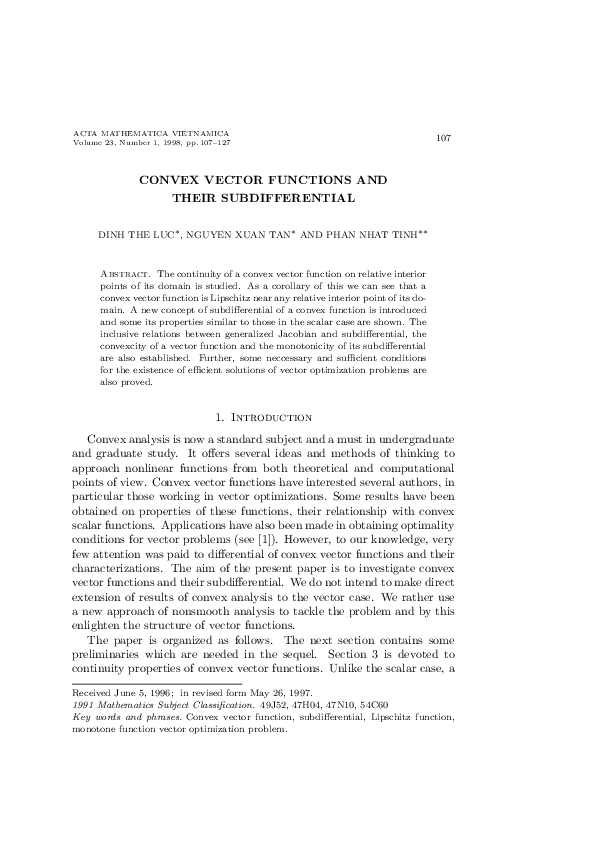 (PDF) CONVEX VECTOR FUNCTIONS AND THEIR SUBDIFFERENTIAL