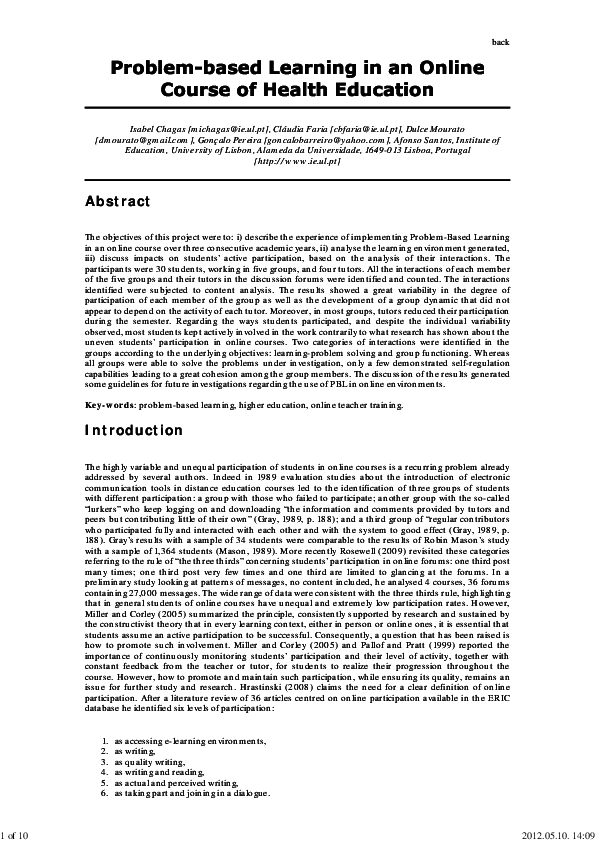 (PDF) Problem-based learning in an online course of health education.