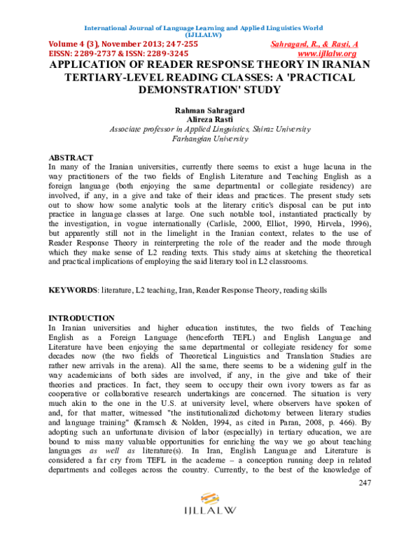 (PDF) Application of Reader Response Theory in Iranian Tertiary-Level ...