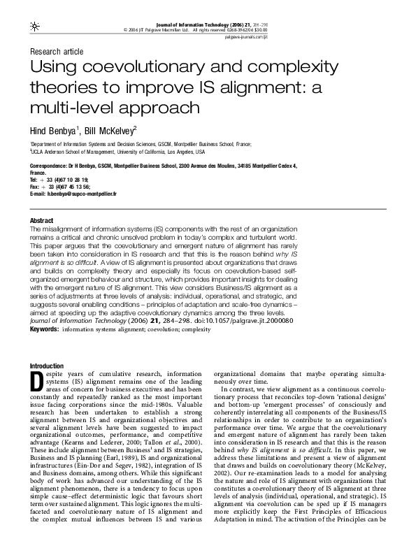 (PDF) Using Coevolutionary and Complexity Theories to Improve IS Alignment: a Multi-Level Approach