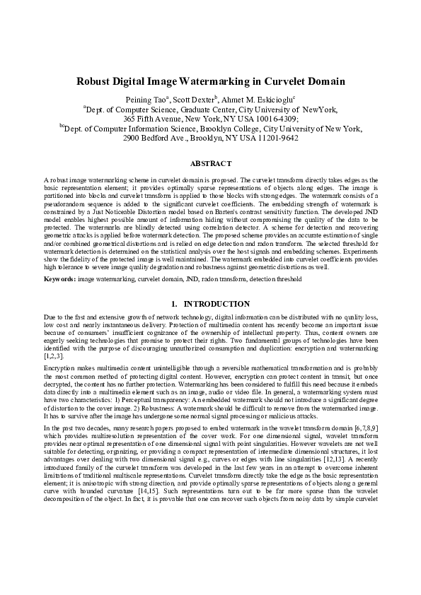 (PDF) Robust Digital Image Watermarking In Curvelet Domain