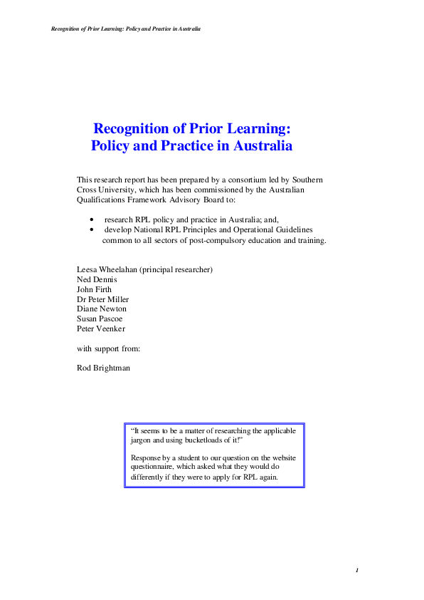 (PDF) Recognition of Prior Learning: Policy and Practice In Australia