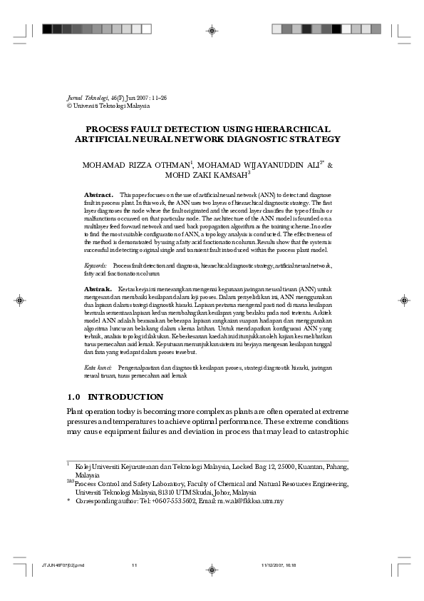 (PDF) PROCESS FAULT DETECTION USING HIERARCHICAL ARTIFICIAL NEURAL ... (PDF) PROCESS FAULT DETECTION USING HIERARCHICAL ARTIFICIAL NEURAL ...