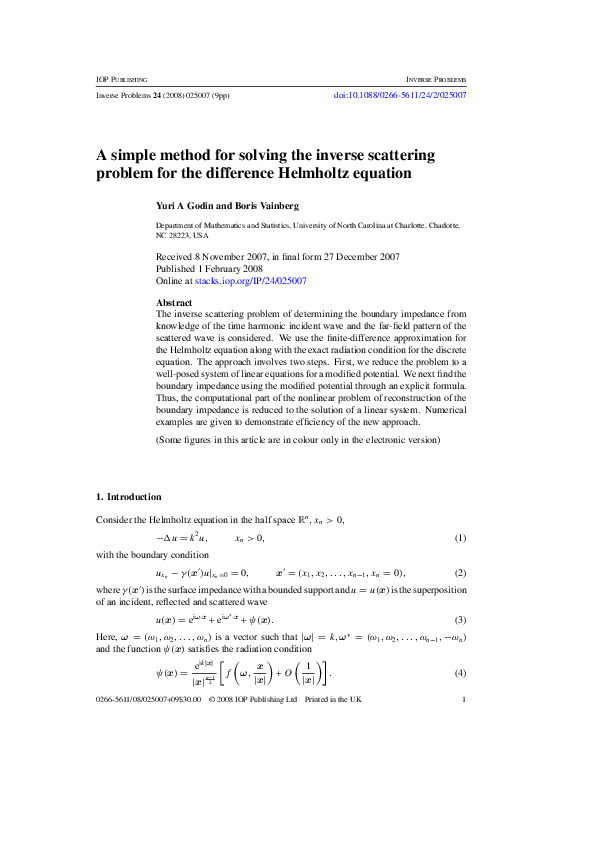 (PDF) A Simple Method for Solving the Inverse Scattering Problem for the Difference Helmholtz ...