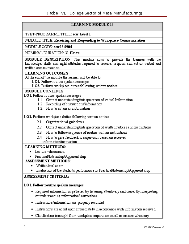 (DOC) LEARNING MODULE 13 TVET-PROGRAMME TITLE: scw Level I MODULE TITLE ...