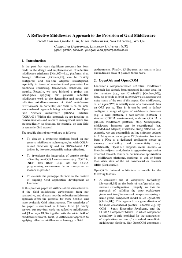 Pdf A Reflective Middleware Approach To The Provision Of Grid Middleware