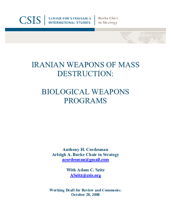 (PDF) Iranian Weapons of Mass Destruction: Biological Weapons Programs