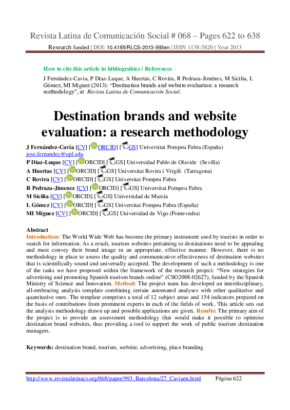 (PDF) Destination brands and website evaluation: a research methodology