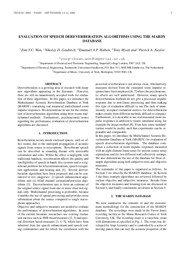 (PDF) EVALUATION OF SPEECH DEREVERBERATION ALGORITHMS USING THE MARDY DATABASE