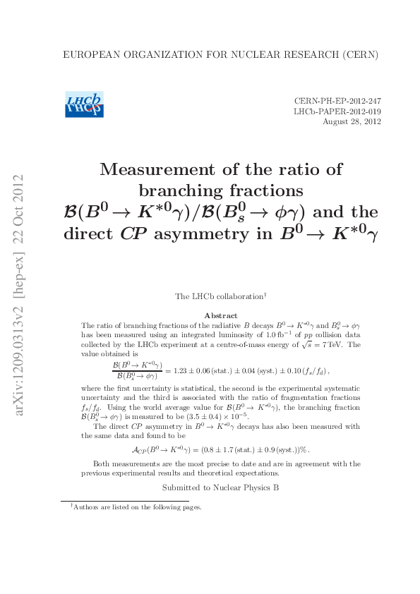 (PDF) Measurement of the ratio of branching fractions $B(B^0 \to K^{\ast 0} \gamma) / B(B^0_s ...