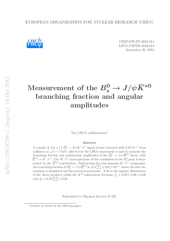(PDF) Measurement of the $B^0_s \rightarrow J/\psi \bar{K}^{*0}$ branching fraction and angular ...
