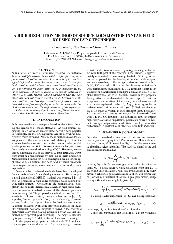 Pdf A High Resolution Method Of Source Localization In Near Field By