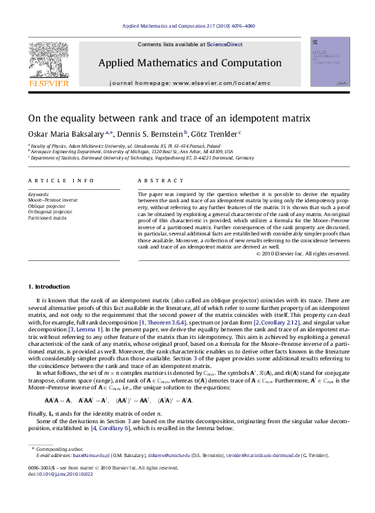 Pdf On The Equality Between Rank And Trace Of An Idempotent Matrix