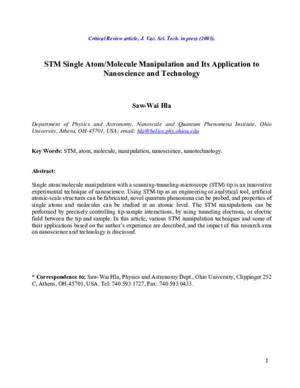 (PDF) STM Single Atom/Molecule Manipulation and Its Application to ...