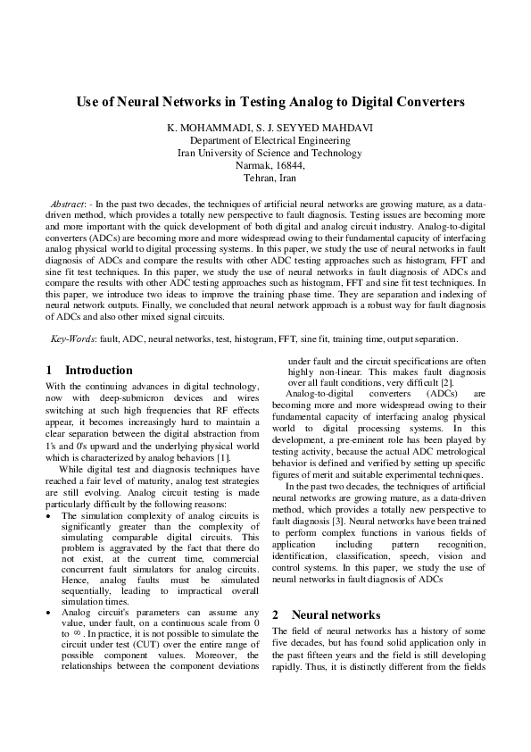 Pdf Use Of Neural Networks In Testing Analog To Digital Converters