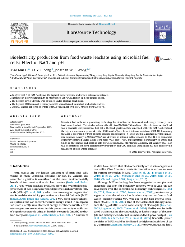(PDF) Bioelectricity production from food waste leachate using microbial fuel cells: Effect of ...