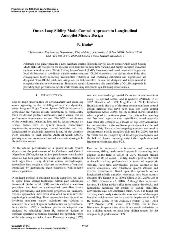 Pdf Outer Loop Sliding Mode Control Approach To Longitudinal