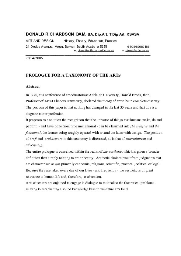 (DOC) Prologue for a Taxonomy of The Arts