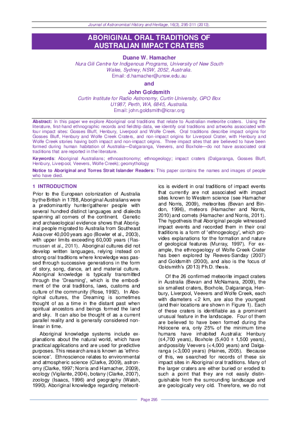 (PDF) Aboriginal Oral Traditions of Australian Impact Craters