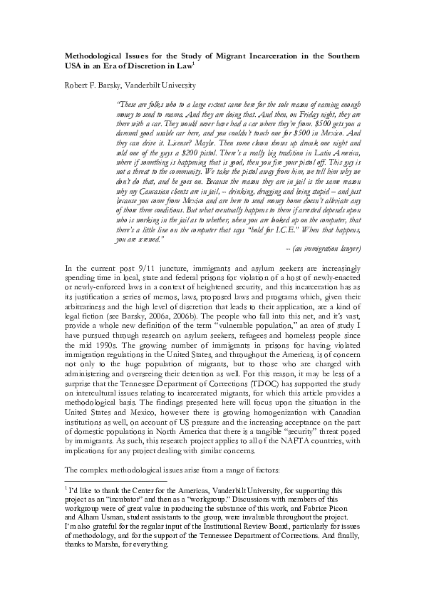 (PDF) "Methodological issues for the study of migrant incarceration in an era of discretion in ...