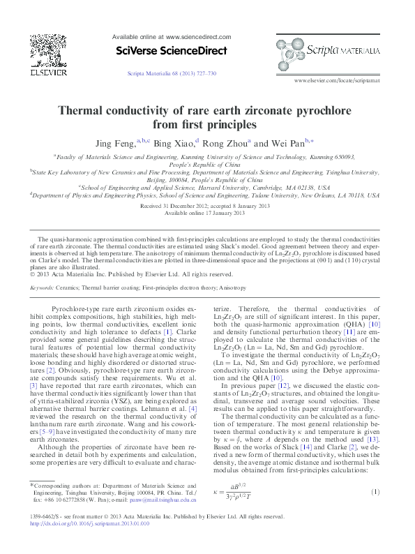 (PDF) Thermal conductivity of rare earth zirconate pyrochlore from first principles