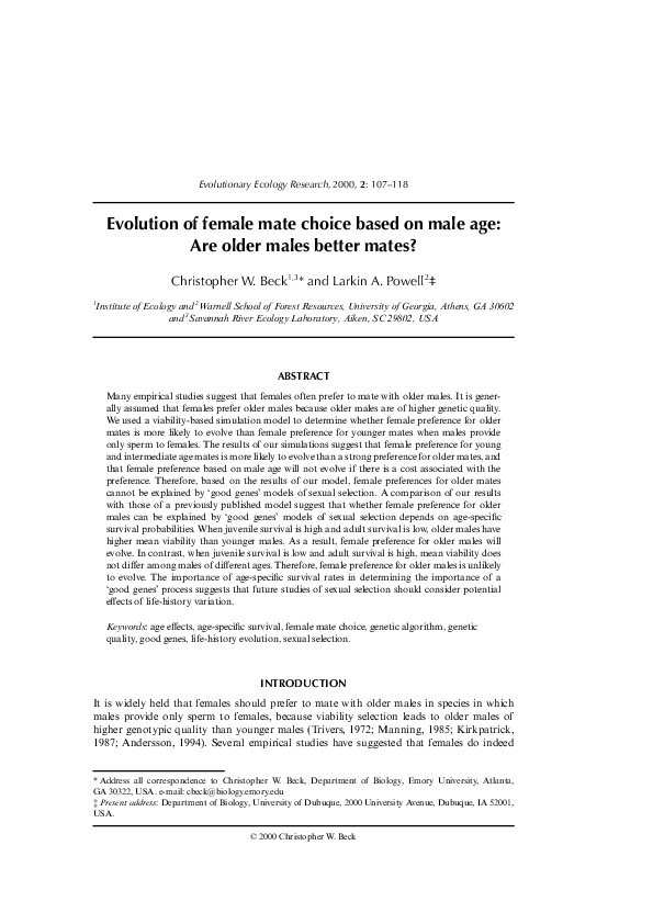 (PDF) Evolution of Female Mate Choice Based on Male Age: Are Older ...
