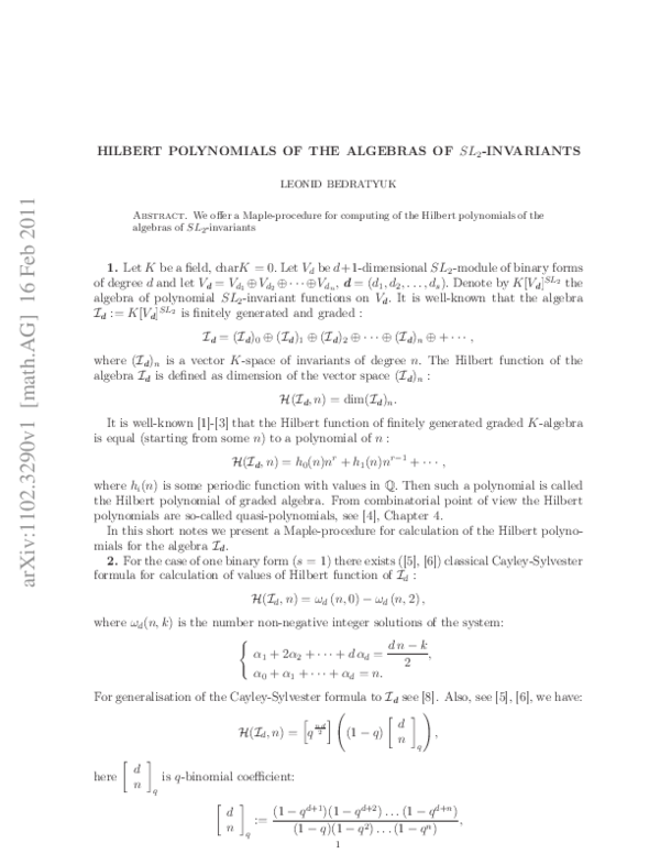(PDF) Hilbert polynomials of the algebras of $SL_2$-invariants | Leonid ...