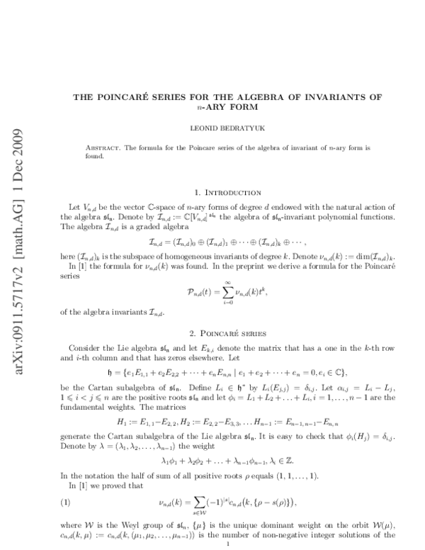 (PDF) The Poincare series for the algebra of invariants of $n$-ary form ...