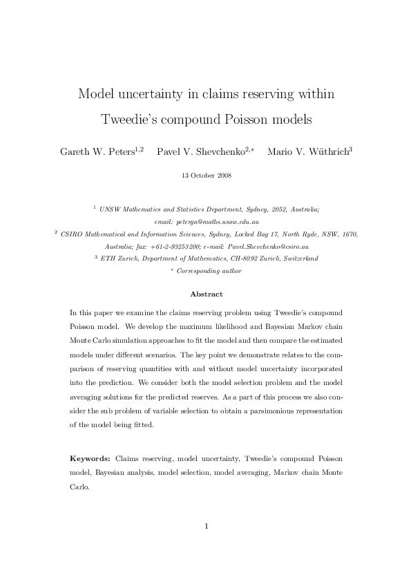 (PDF) Model uncertainty in claims reserving within Tweedie's compound Poisson models
