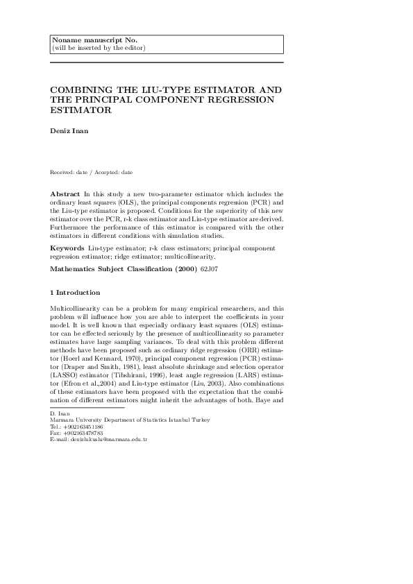 Pdf Combining The Liu Type Estimator And Principle Component Estimator