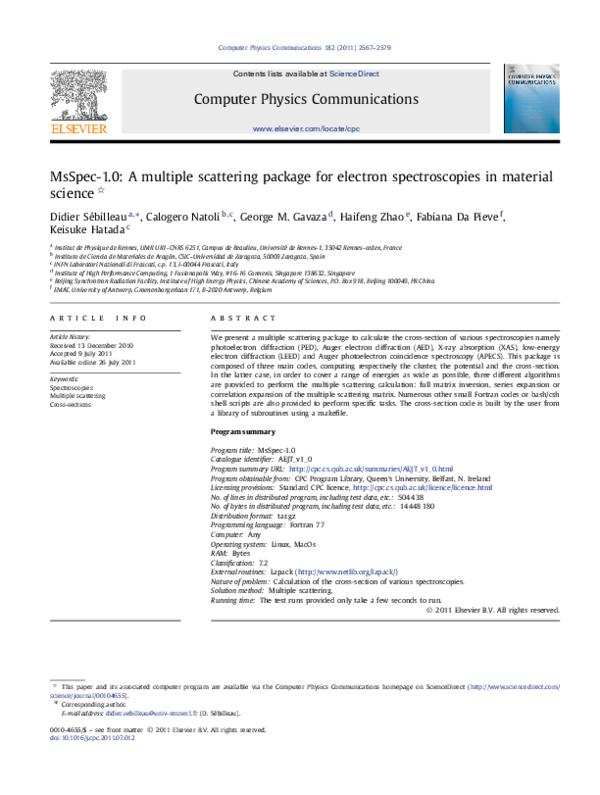 (PDF) MsSpec-1.0 : a multiple scattering package for electron spectroscopies in material science