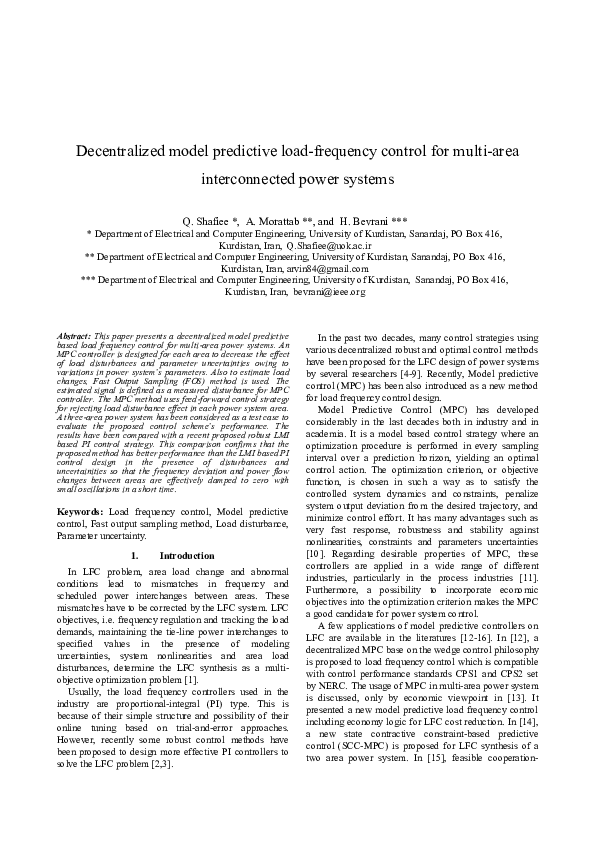 Decentralized Model Predictive Load Frequency Control For Multi Area Interconnected Power Systems