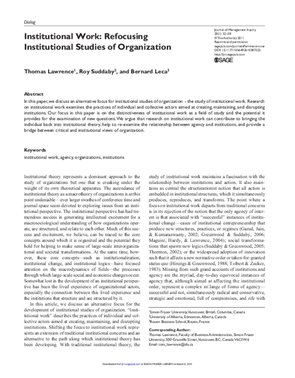 (PDF) Institutional Work: Refocusing Institutional Studies of Organization
