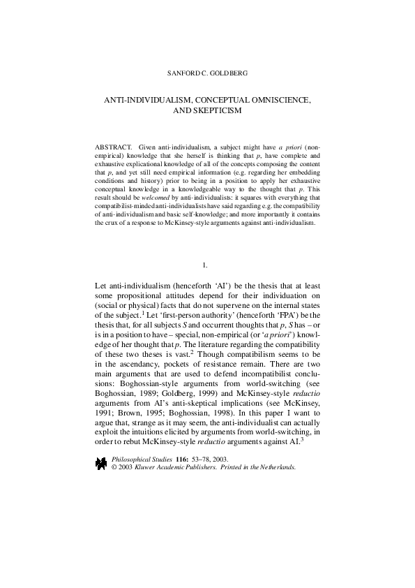 (PDF) Anti-individualism, conceptual omniscience, and skepticism