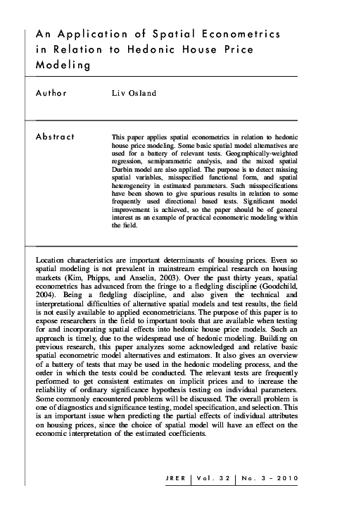 (PDF) An Application of Spatial Econometrics in Relation to Hedonic House Price Modelling