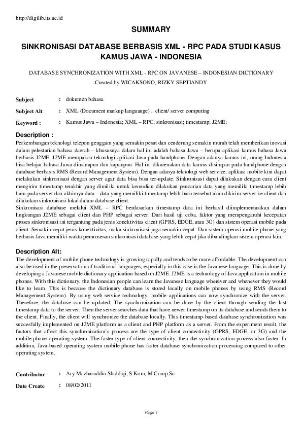 (PDF) SUMMARY SINKRONISASI DATABASE BERBASIS XML -RPC PADA STUDI KASUS KAMUS JAWA -INDONESIA ...