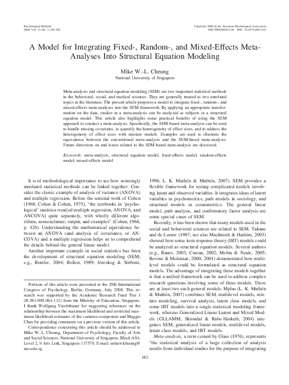 Pdf A Model For Integrating Fixed Random And Mixed Effects Meta Analyses Into Structural