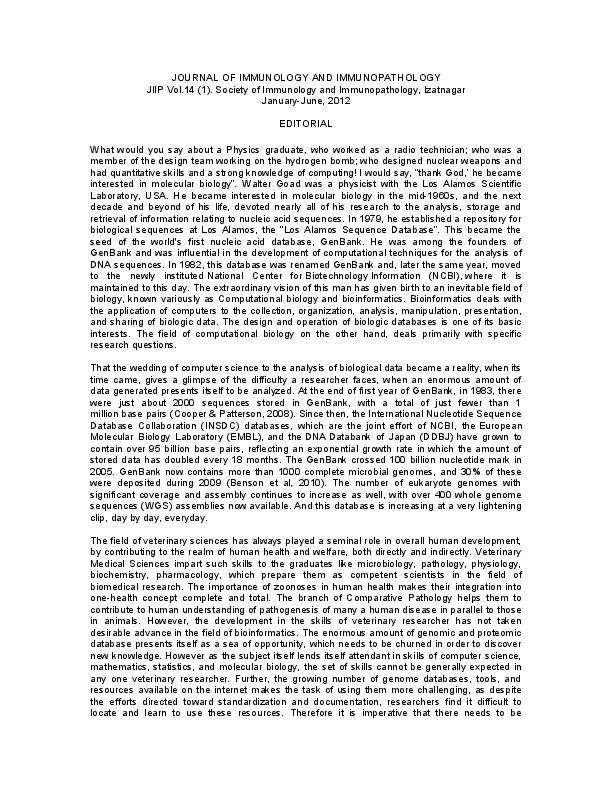 (PDF) Bioinformatics and Veterinary Sciences in India-Editorial