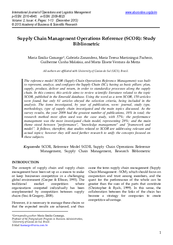 (PDF) Supply Chain Management Operations Reference (SCOR): Study ...