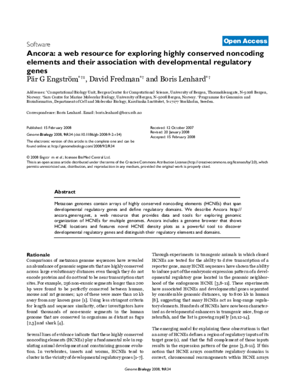 (PDF) Ancora: a web resource for exploring highly conserved noncoding elements and their ...