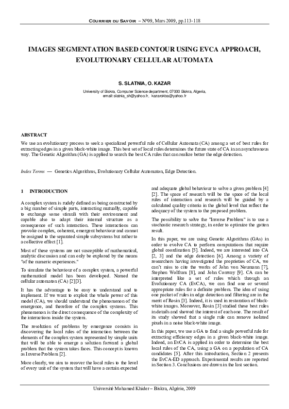 (PDF) IMAGES SEGMENTATION BASED CONTOUR USING EVCA APPROACH, EVOLUTIONARY CELLULAR AUTOMATA