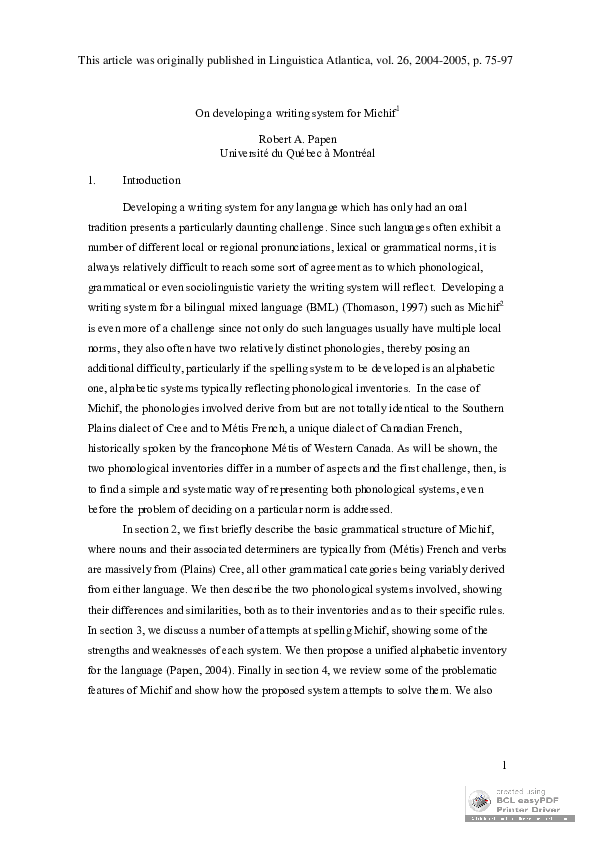 (PDF) On developing a writing system for Michif