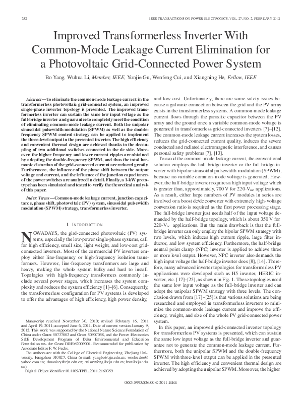 Pdf Improved Transformerless Inverter With Common Mode Leakage Current Elimination For A