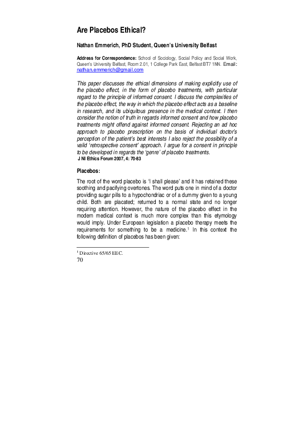 (PDF) Are Placebos Ethical