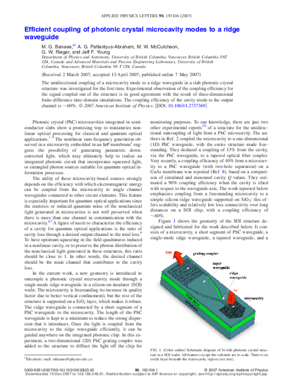 (PDF) Efficient coupling of photonic crystal microcavity modes to a ridge waveguide